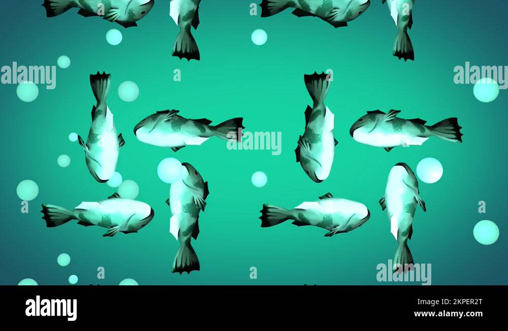 Creative motion graphics of cartoon fish drifting in the dark green ...