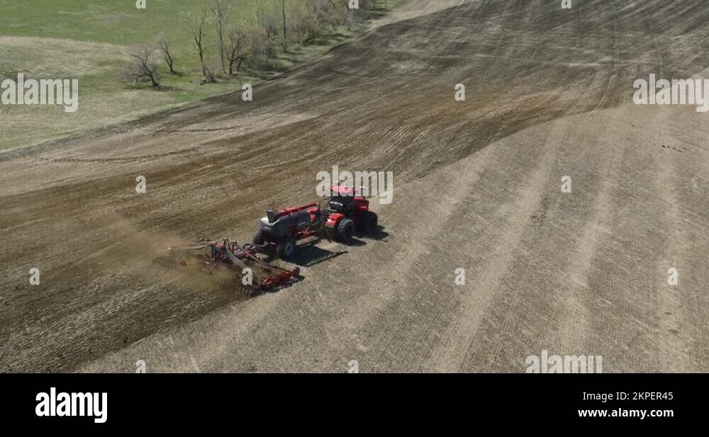 Tractor sowing seeds with seeder driller in field. Process of sowing ...