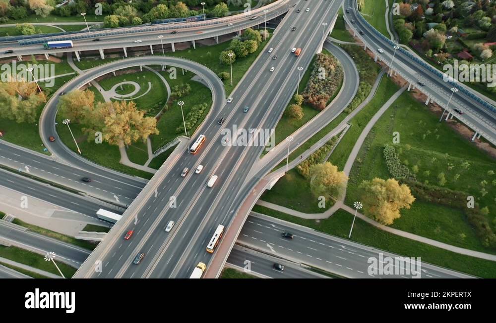 Flyover traffic roundabout interchange road city cars driving junction ...