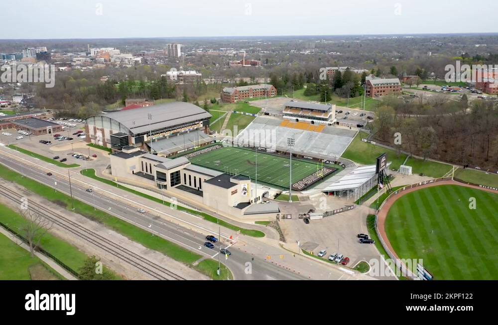 Western Michigan University Waldo Stadium drone video moving forward ...
