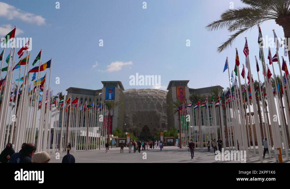 Dubai Expo main entrance. Pedestrian road leading to Al Wasl Plaza ...