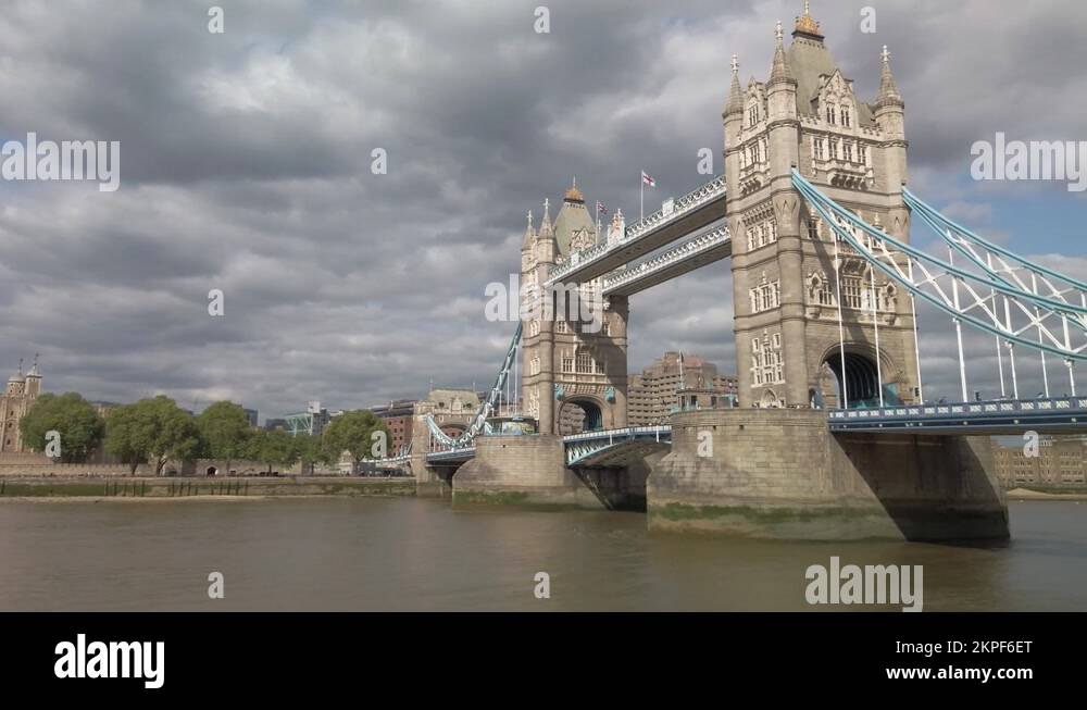 Tower Bridge across the River Thames in London. Pan R from Tower Stock ...