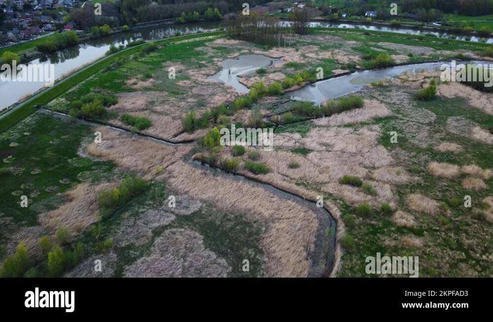 Overflowed Land on Coast of River Scheldt, Aerial Tilt up, Reveal ...