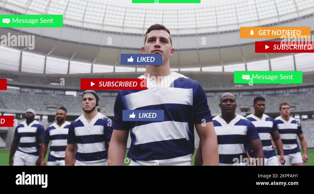 Animation of media icons over diverse male rugby players at stadium ...