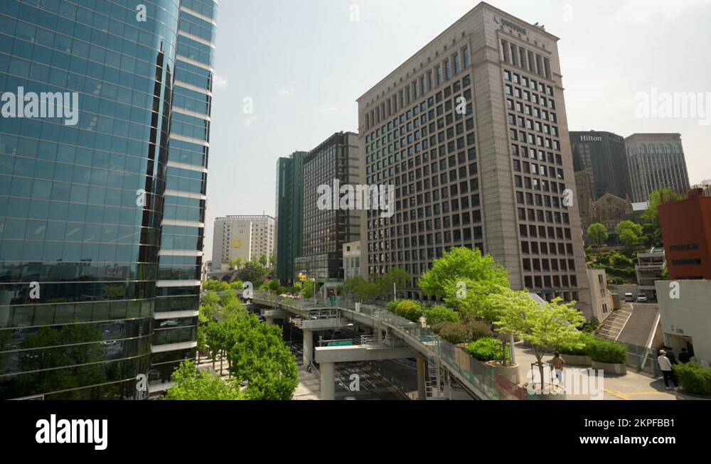 Seoul city Metro tower and Seoullo 7017 Skygarden with many skyscrapers ...