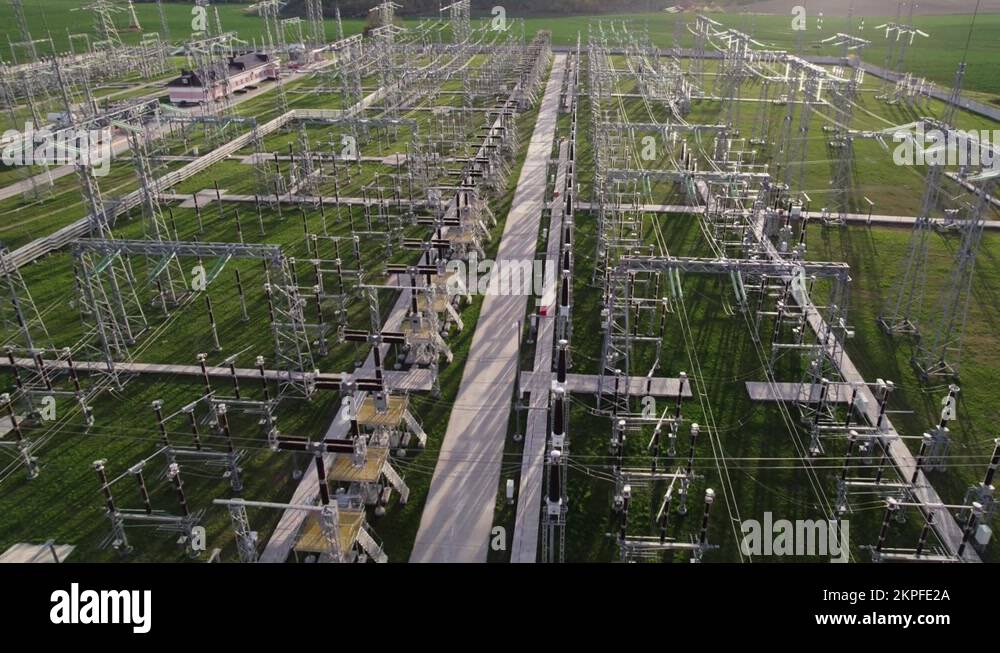 High voltage electrical substation. View from flying drone. Power plant ...