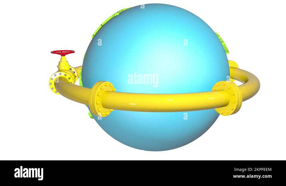 Planet earth with gas pipe around. Gas dependency. Pipe with faucet ...