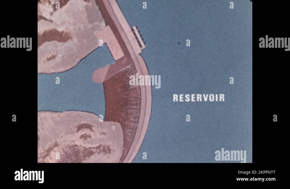 1960s: animation showing reservoir water flowing through dam, men in ...