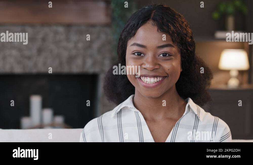 Portrait African American girl close up female face model housewife ...