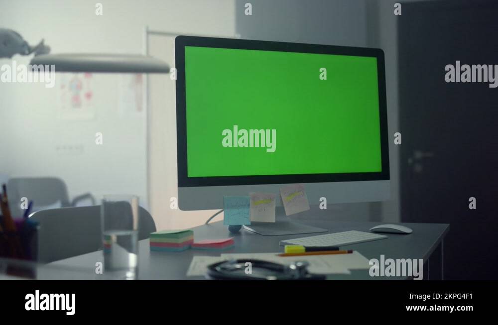 Green screen doctor computer on desk clinic close up. Technology in ...