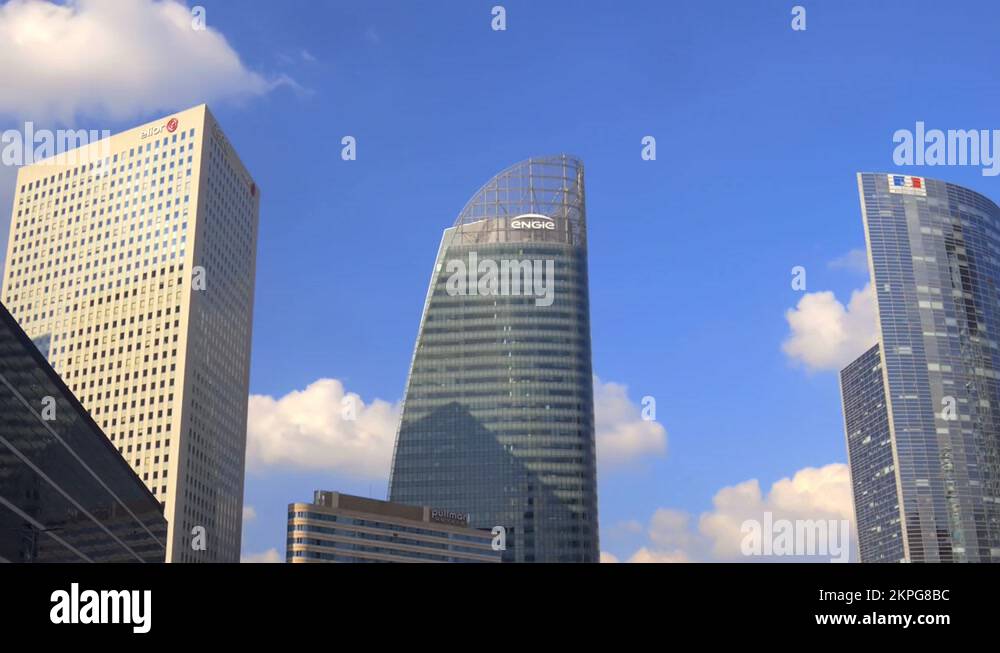 Tour Egee, Tour T1 and Tour Sequoia towers in La Defense in Paris, France Stock Video Footage ...