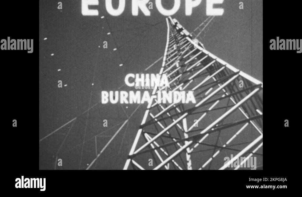 1940s: Animated names of WWII theaters of war swoop past radio towers ...