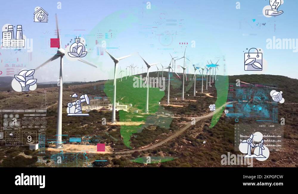 Wind power plant and technology. Smart grid. Renewable energy ...