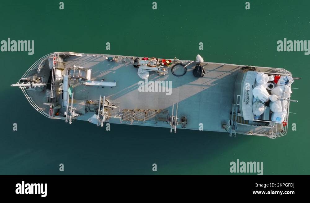 Top down view of a Mussel boat at anchor, coromandel peninsula, New ...