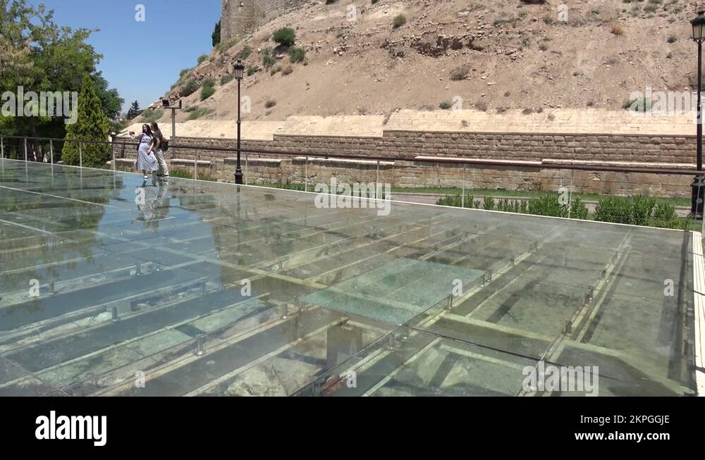Viewing glass floor above ancient ruins in front of Gaziantep castle ...
