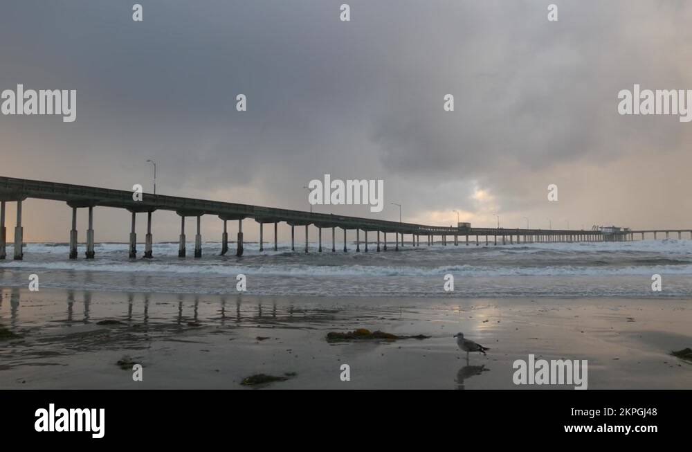 Ocean Beach pier in rainy weather, sea waves in rainfall, California ...