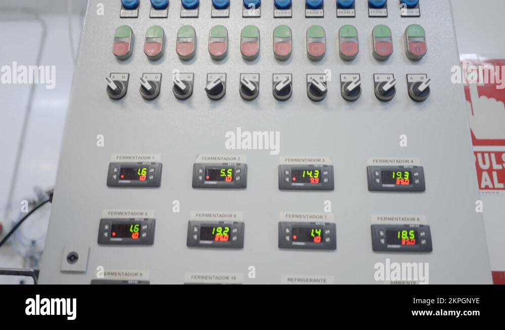 Fermentation System Monitoring Panel In A Beer Factory. close up, tilt ...