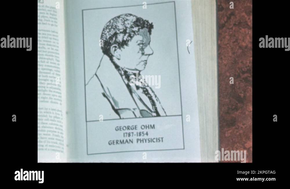 1940s: drawing of George Ohm German Physicist in book. Fingers turn ...