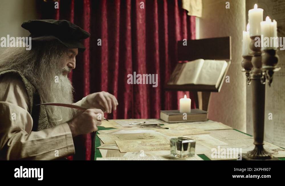 Old man counterpart of Leonardo Da Vinci working in dark room Stock ...