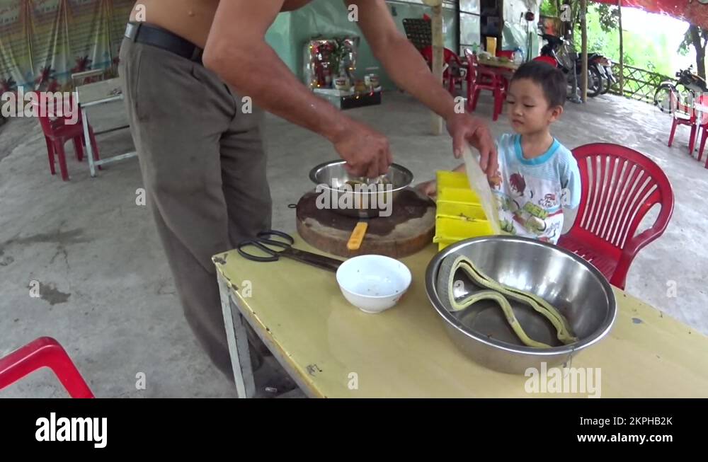 Young boy is looking how Chef prepares snake meat before cooking it for ...