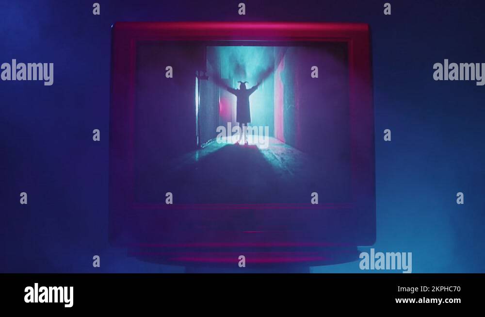 Horror film. Old tv screen with devil close-up. Creepy exorcist with ...