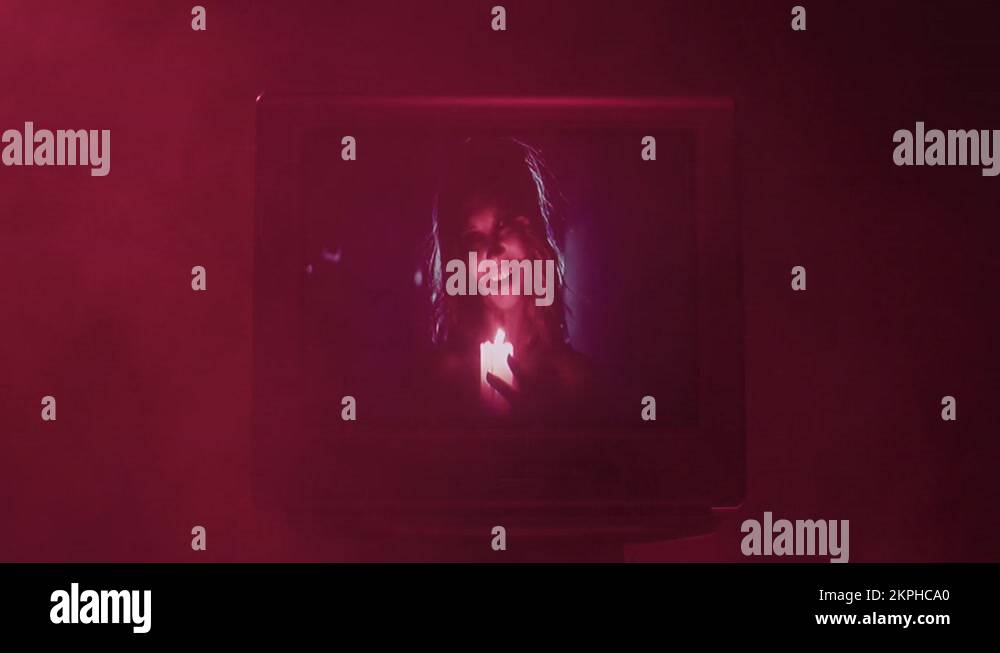 Horror film. Old tv screen with zombie woman close-up. Creepy dead ...