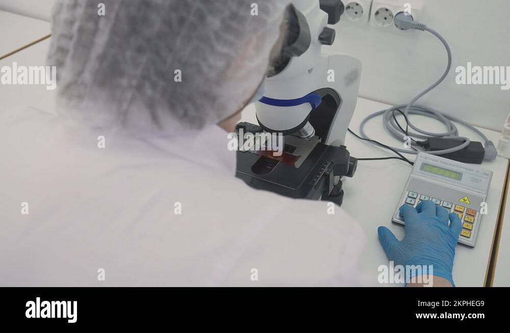 Nurse testing the patients blood under the microscope at the modern ...