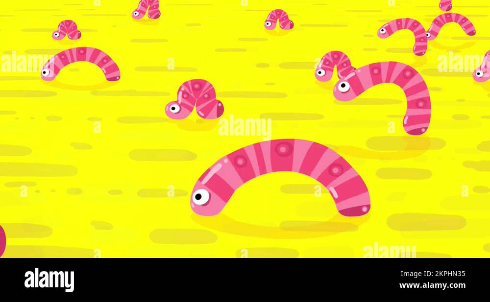 Cartoon pink worm herd loop with yellow ground background Stock Video Footage - Alamy
