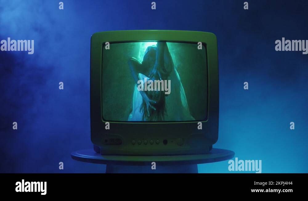 Horror film. Old tv screen with zombie woman close-up. Creepy dead ...