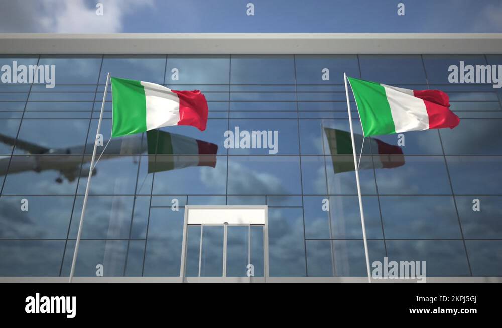 Taking off airliner and flags of Italy in the airport terminal. 3D ...