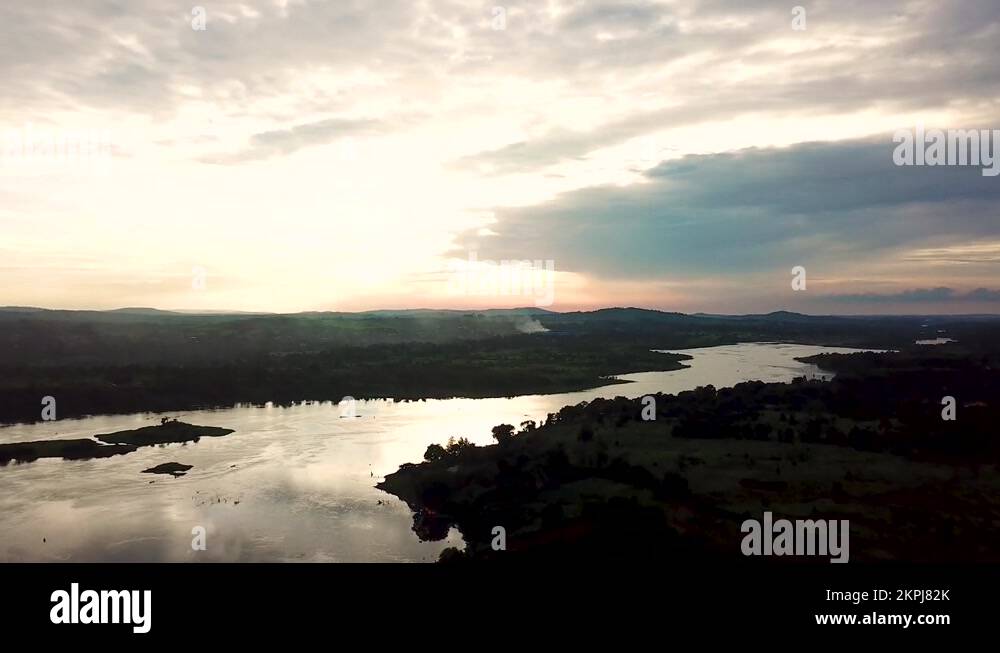 Scenic view of Nile river in Jinja Uganda. Drone reveal natural African ...