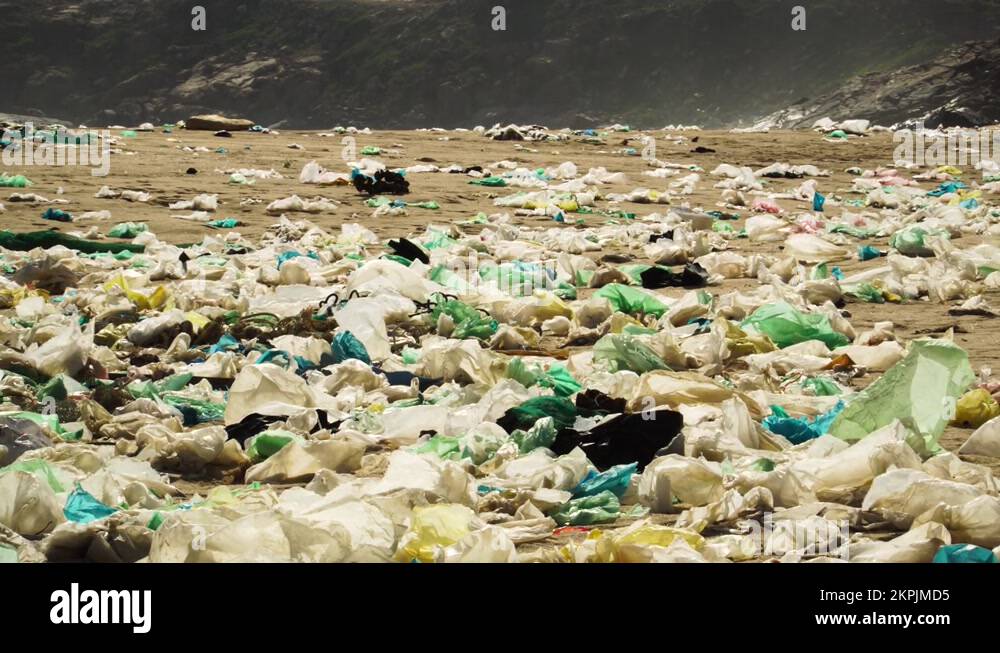 Close-up of a very polluted beach in a big wave of rubbish. Vietnam ...