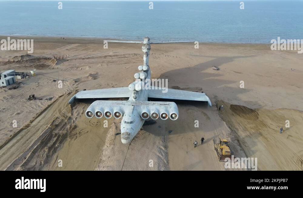 Giant flying naval vessel Lun-class ekranoplan on shore of Caspian Sea ...