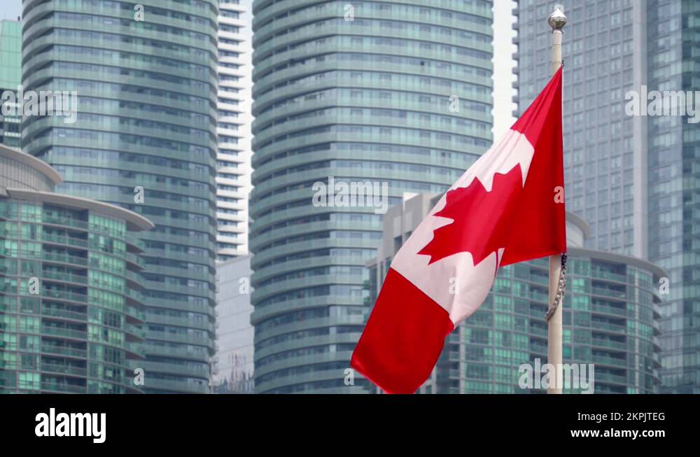 Canadian flag fluttering, background building glass windows. Static ...