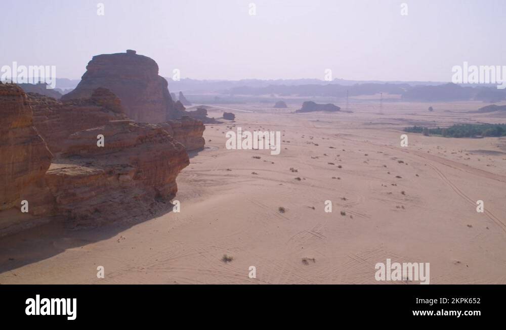 High and wide, reveal and circle of Al Ula UNESCO site, desert and rock ...