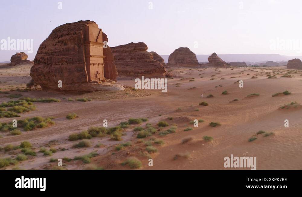 Profile and circle Tomb of Lihyan, AlUla, Saudi Arabia. Aerial 4K, blue ...