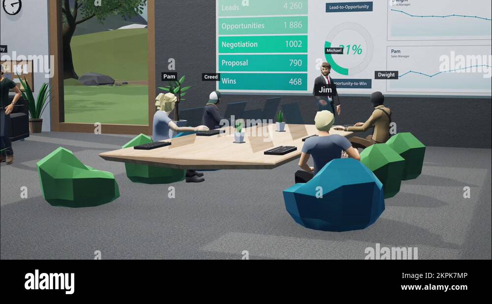 People as avatars having a business meeting in a virtual metaverse VR ...