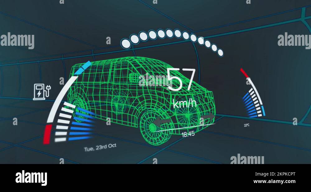 Animation of speedometer over electric van project on navy background ...