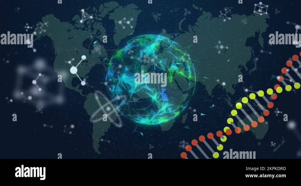 Animation of dna strand spinning and molecules over globe and world map ...