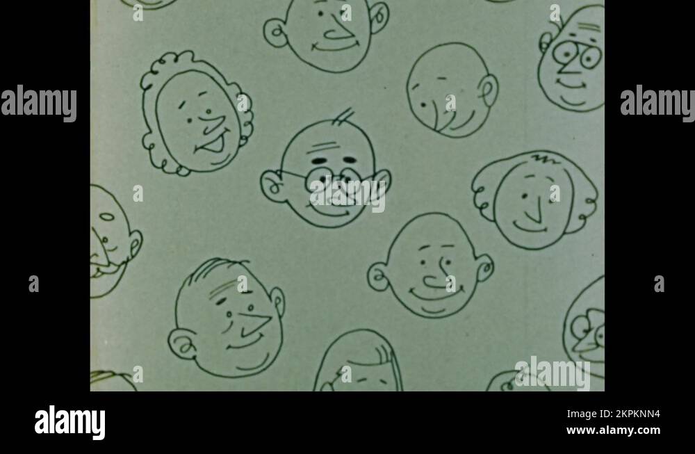 1950s: smiling cartoon faces, man's face with Joe Parker written above ...