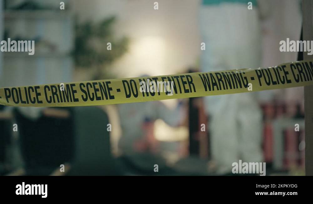 Crime scene tape close-up, forensic experts examining room, collecting ...