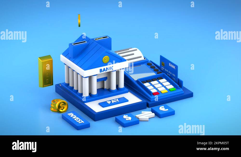 Banking system animation with credit card, payment terminal, gold coins ...