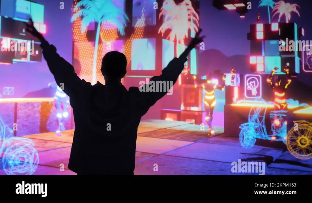 Woman moving against display background with AR mirror effect at ...