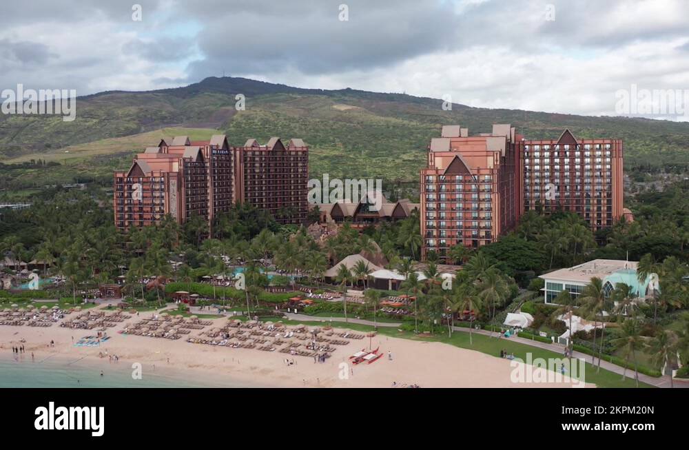 Close-up aerial shot of Disney's Aulani luxury resort in Ko'Olina on ...