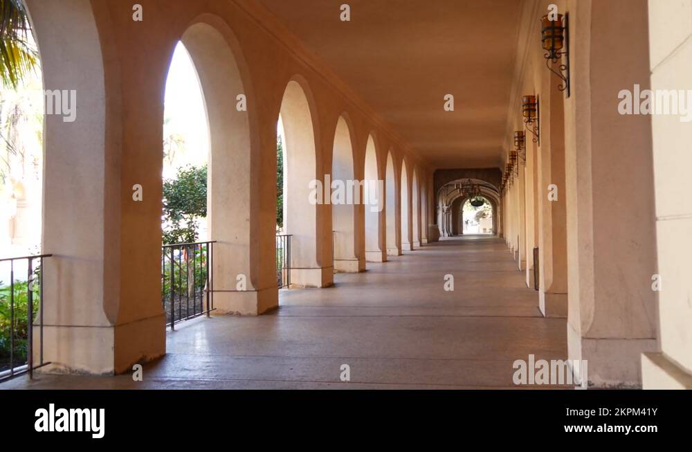 Spanish colonial revival architecture, arches and columns, San Diego ...