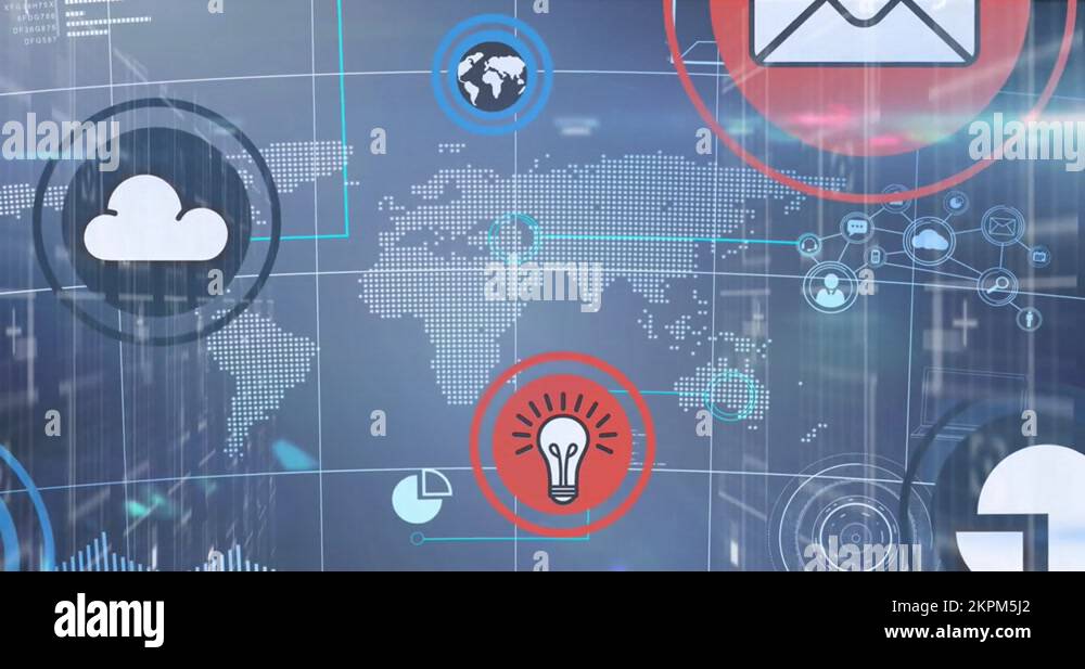 Animation of interface with cloud and data sharing icons over world map and data Stock Video ...