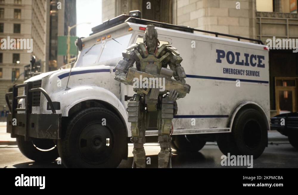 A robot with a gun guards an armoured police car. The concept of a robotic Stock Video Footage ...