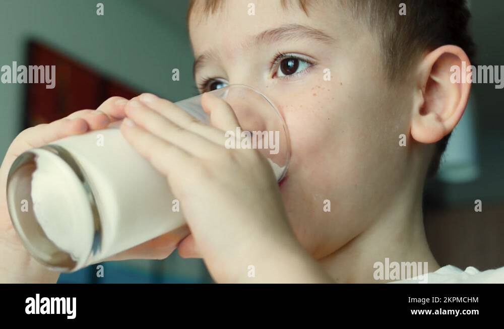 little boy child drinking milk. healthy eating a child eating breakfast ...