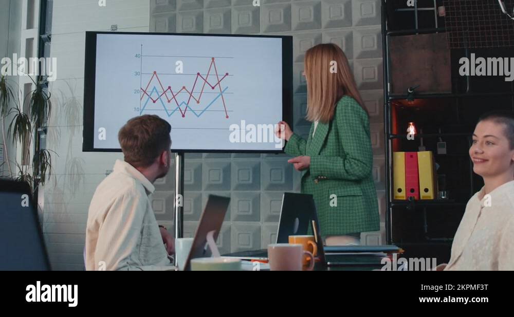 Female CEO points at marketing chart on TV screen leading office ...