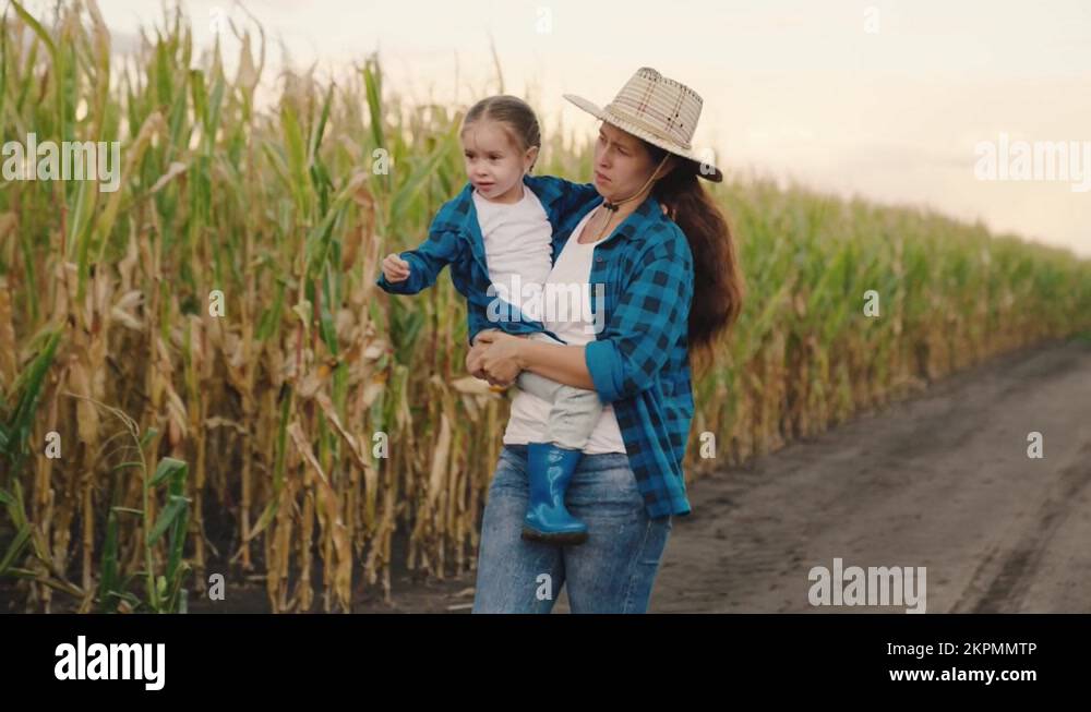 Farmer Mother, daughter in corn field, looking at corn harvest together ...
